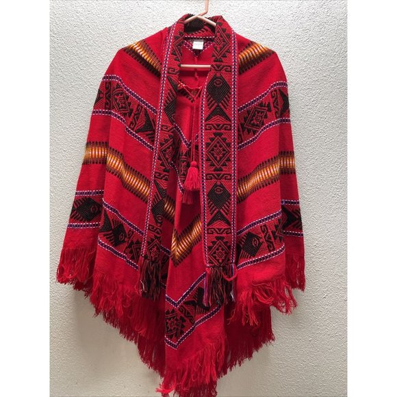 Jackets & Coats | Inca Imports Aztec Southwestern Boho Red Poncho Shaw ...
